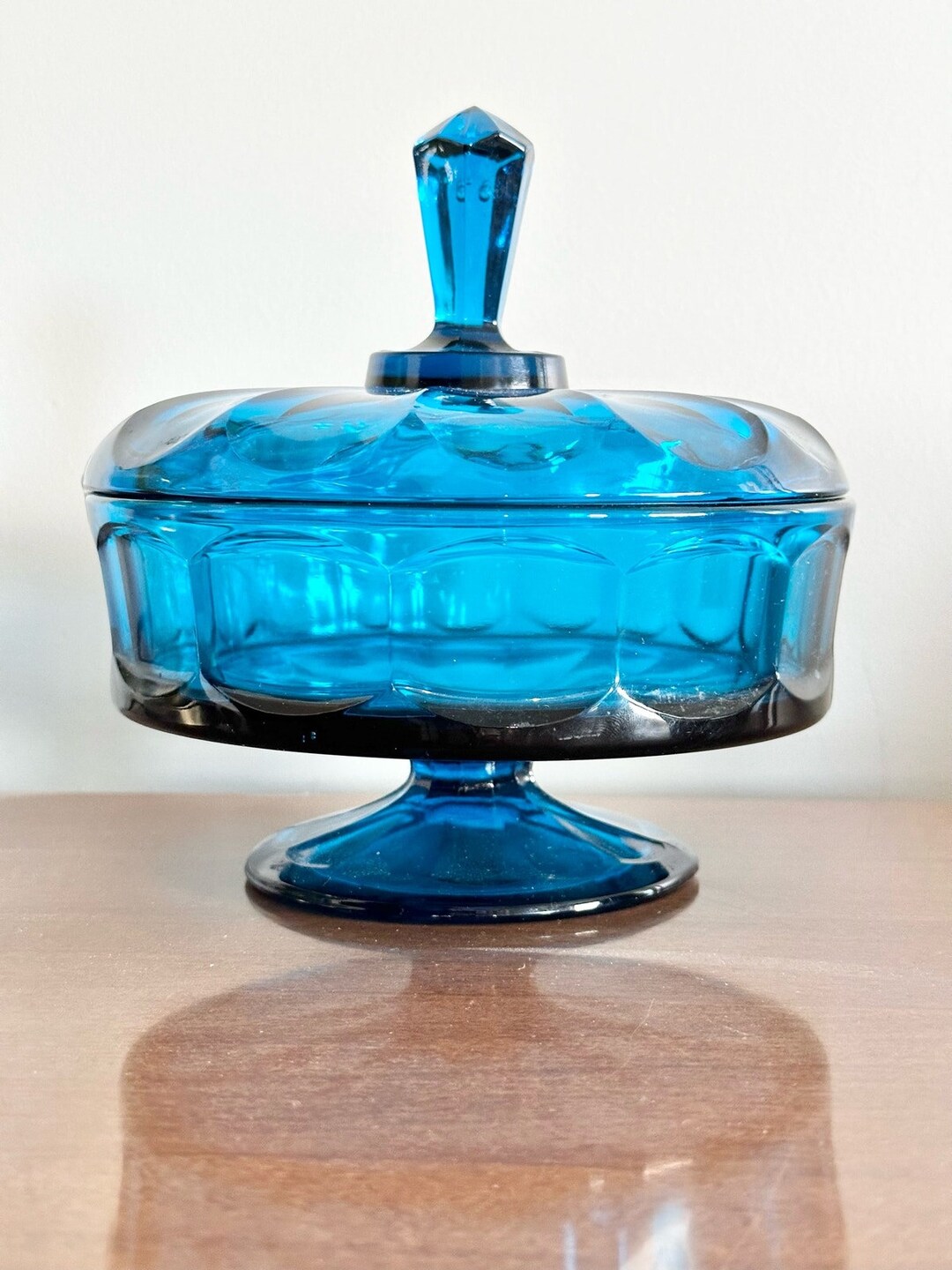 Vintage Cyan Blue Candy Dish Thick Heavy Glass Mid Century Azure Bright ...
