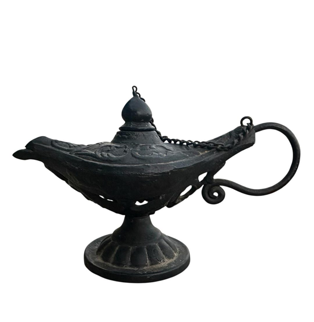 Antique Cast Iron Genie Bottle Lamp Black Heavy Vintage Candle Incense ...