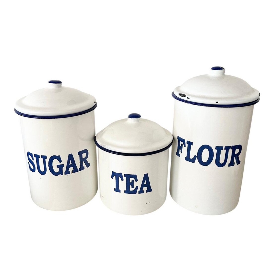 Vintage Canister Set/3 Enamel Enamelware White Blue Country Modern ...