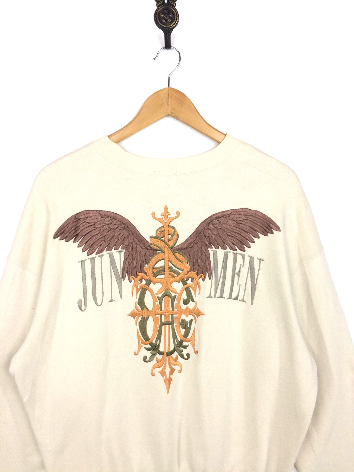 Vintage JUN MEN Japanese Designer Sweatshirt Big Logo at Back Spell Out ...