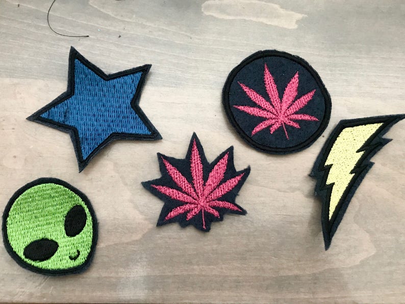 Out of This World Iron-on Patches Alien, Marijuana Leaf, Lightning Bolt ...