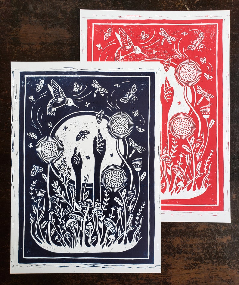 Lino Print Blue Fine Art Illustration Ink Lino Cutting - Etsy