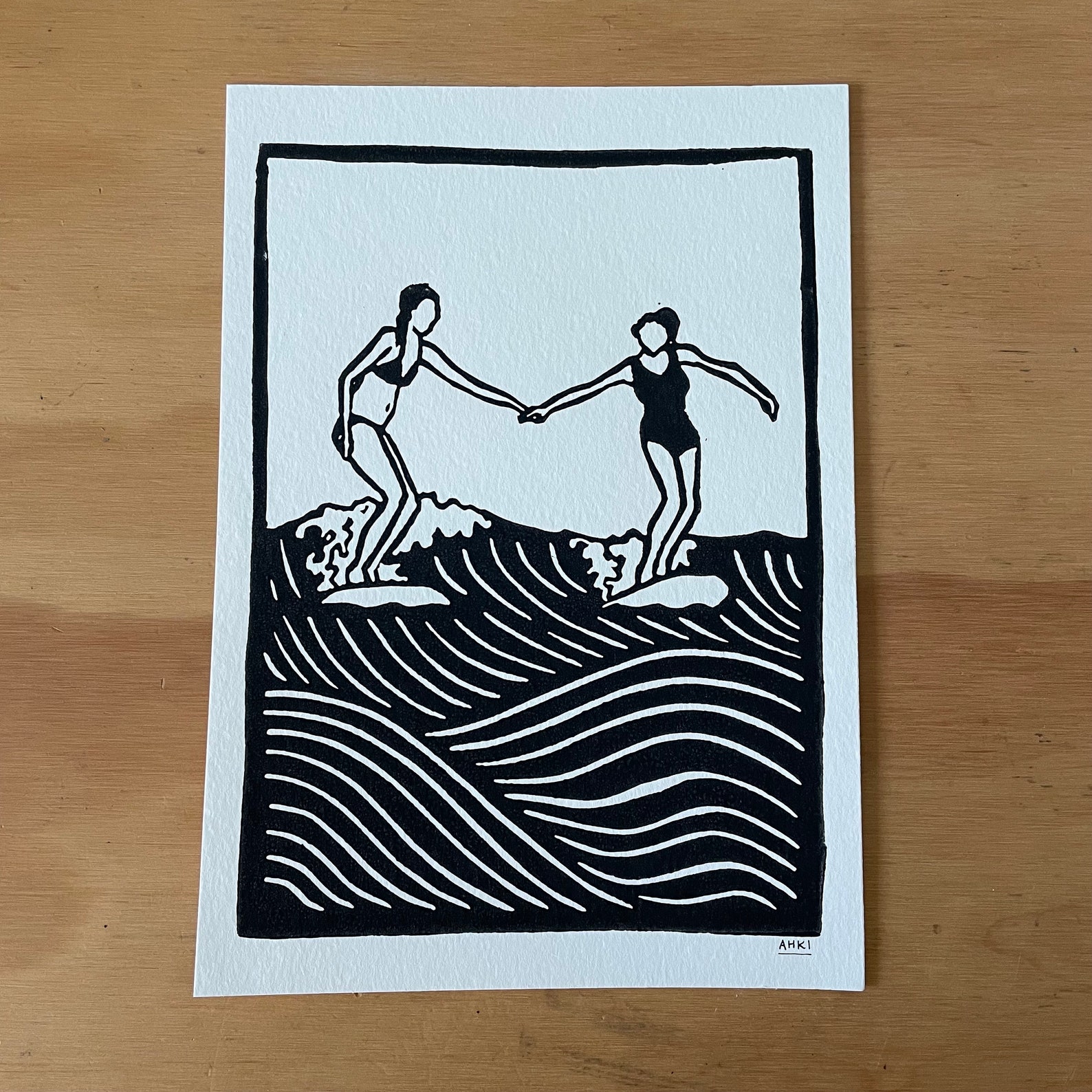 Party Wave, Surfer Girls, Lino Print, Surf Art, Ocean Art, Art Print ...