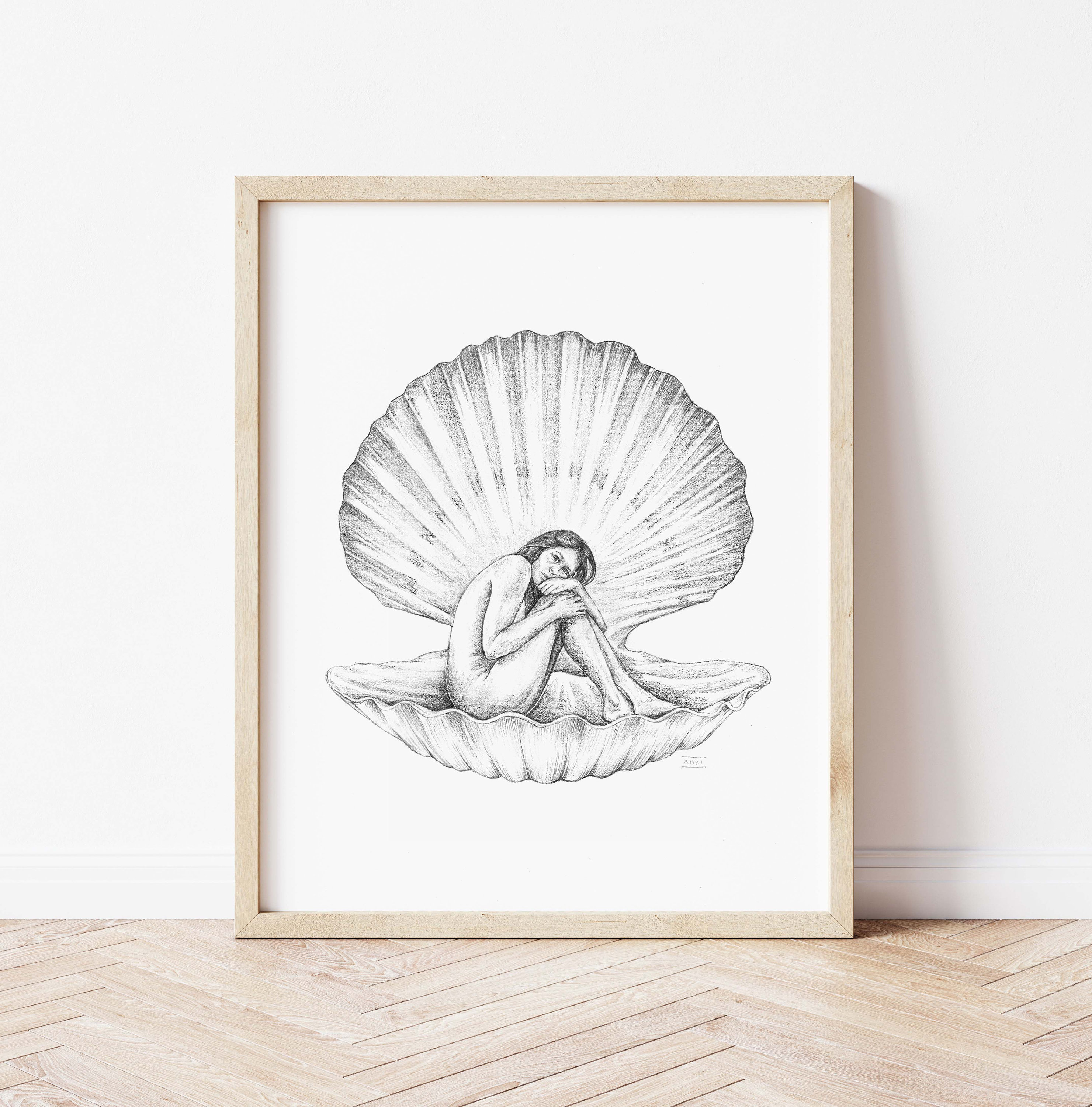 Clam Shell Girl Fine Art Print Graphite Illustration - Etsy
