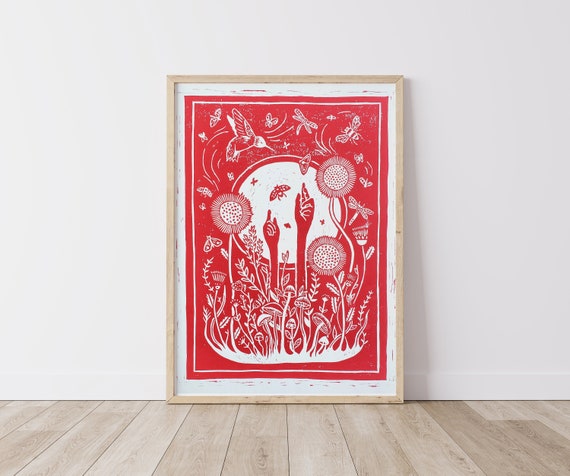 Lino Print Red Fine Art Illustration Ink Lino Cutting - Etsy