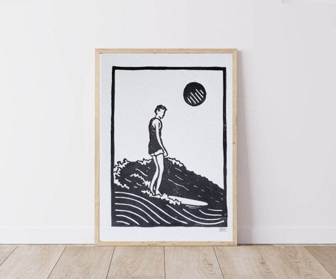 Surfer Boy, Lino Print, Surf Art, Ocean Art, Art Print, Ink, Lino ...