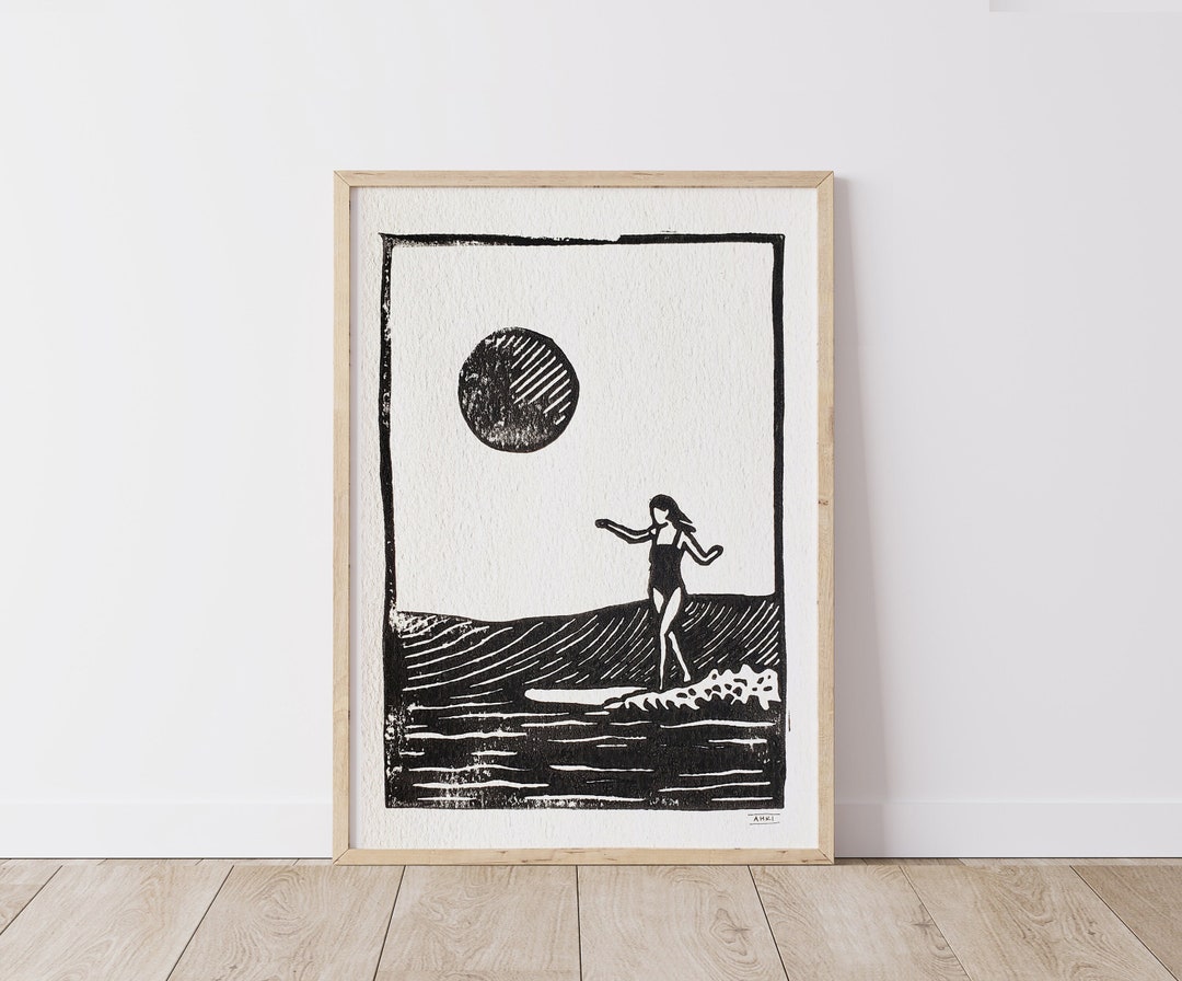 Surfer Girl III, Lino Print, Surf Art, Ocean Art, Art Print, Ink, Lino ...