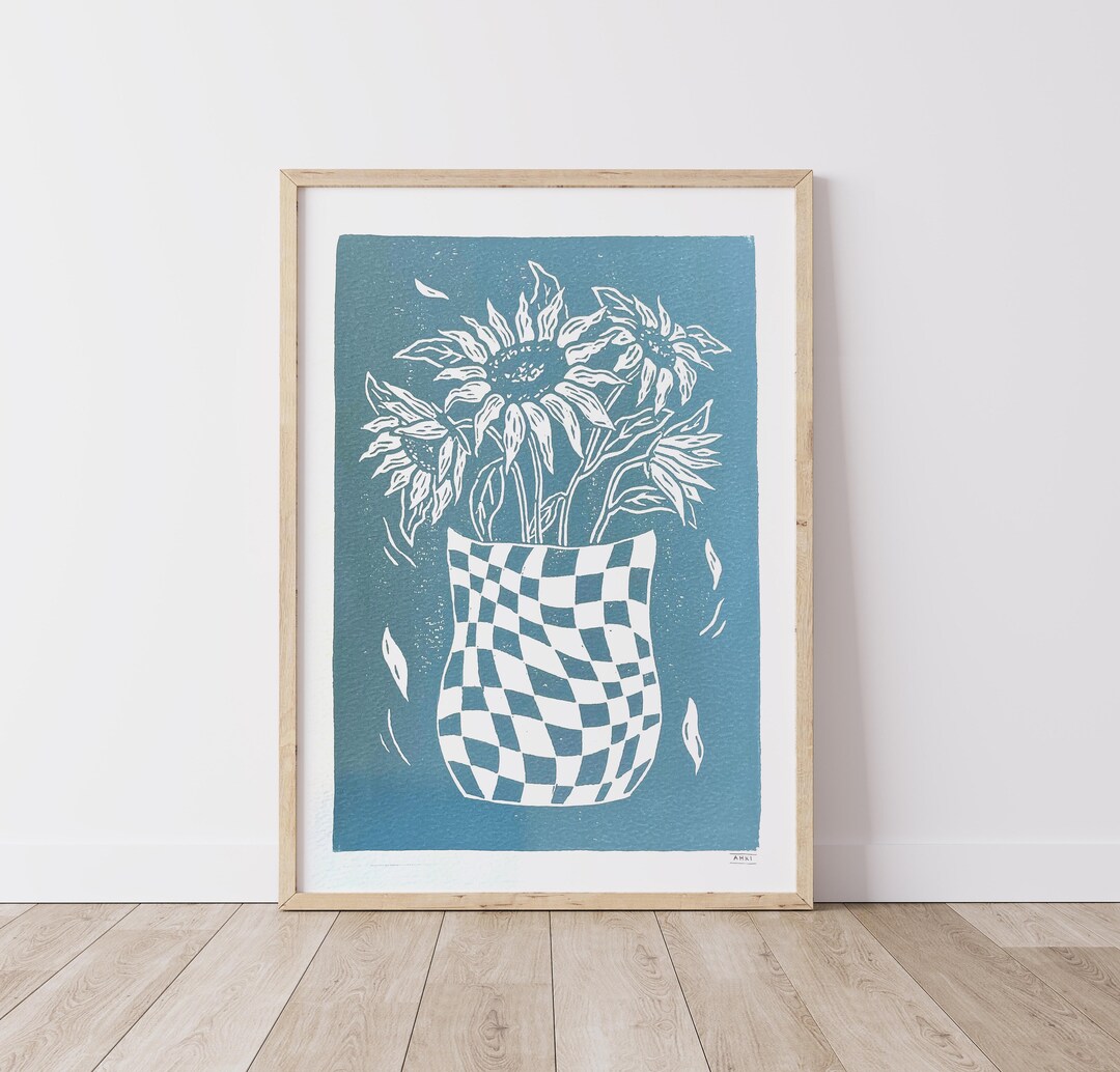 Hazey Vase - Dusty Blue Ink, Lino Print, Art Print, Sunflowers, Lino ...