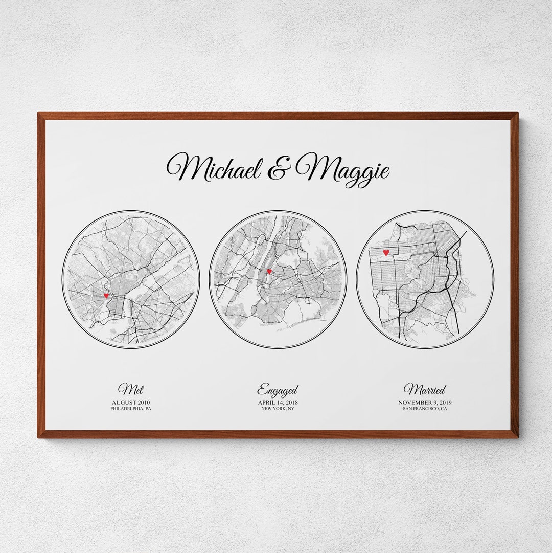 Met Engaged Married Map Art Set Anniversary Gift for Husband ...