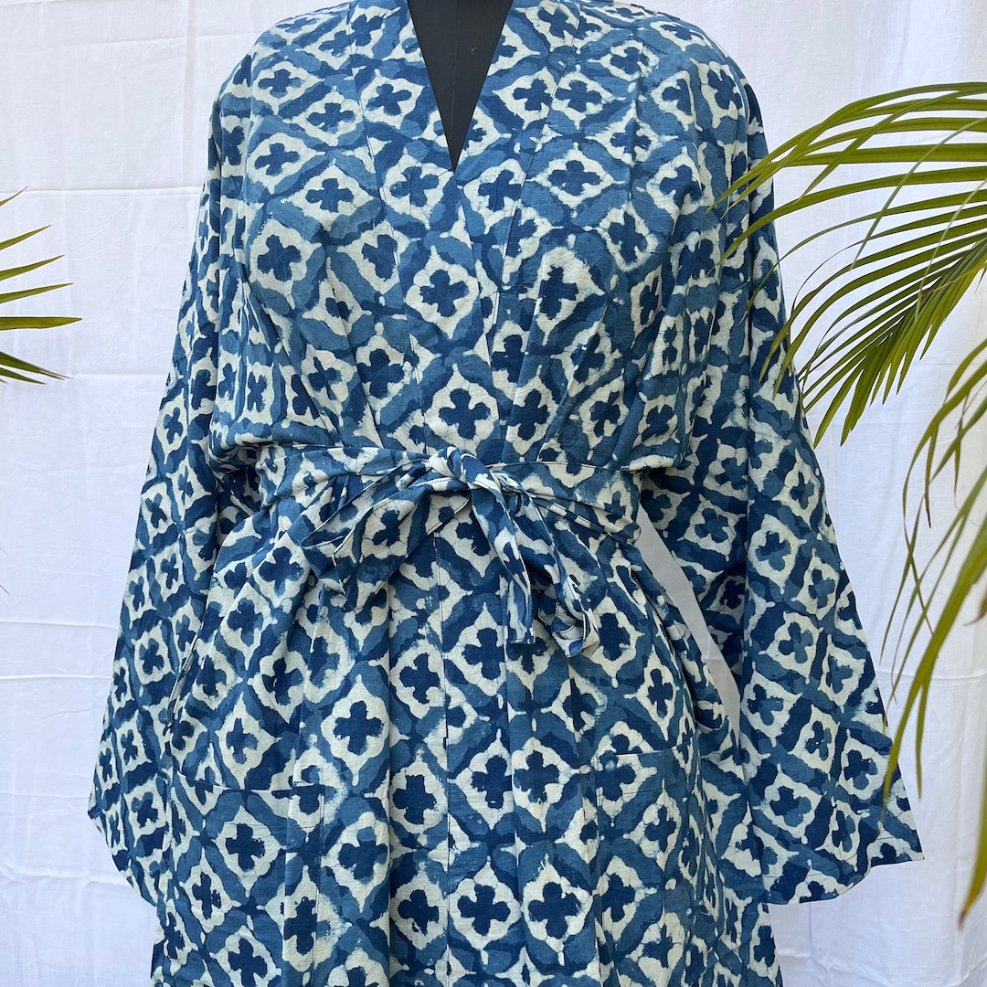 Indigo Cotton Kimono Robe, Robe for Women, Block Print Cotton Robe ...