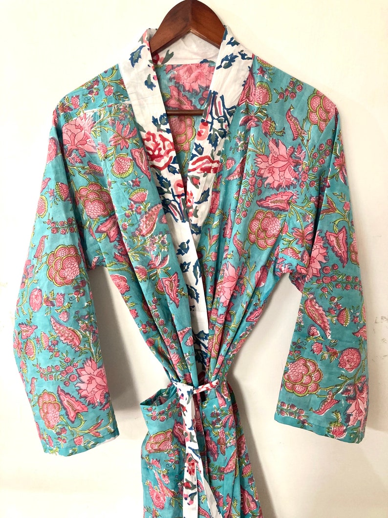 Blue Cotton Block Print Robe Robes for Women Loungewear - Etsy