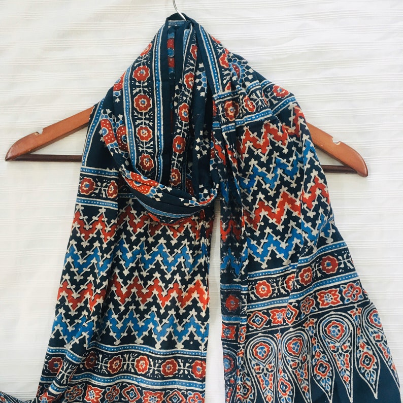 Indigo Ajrakh Cotton Scarf Block print Scarf Boho Scarf | Etsy