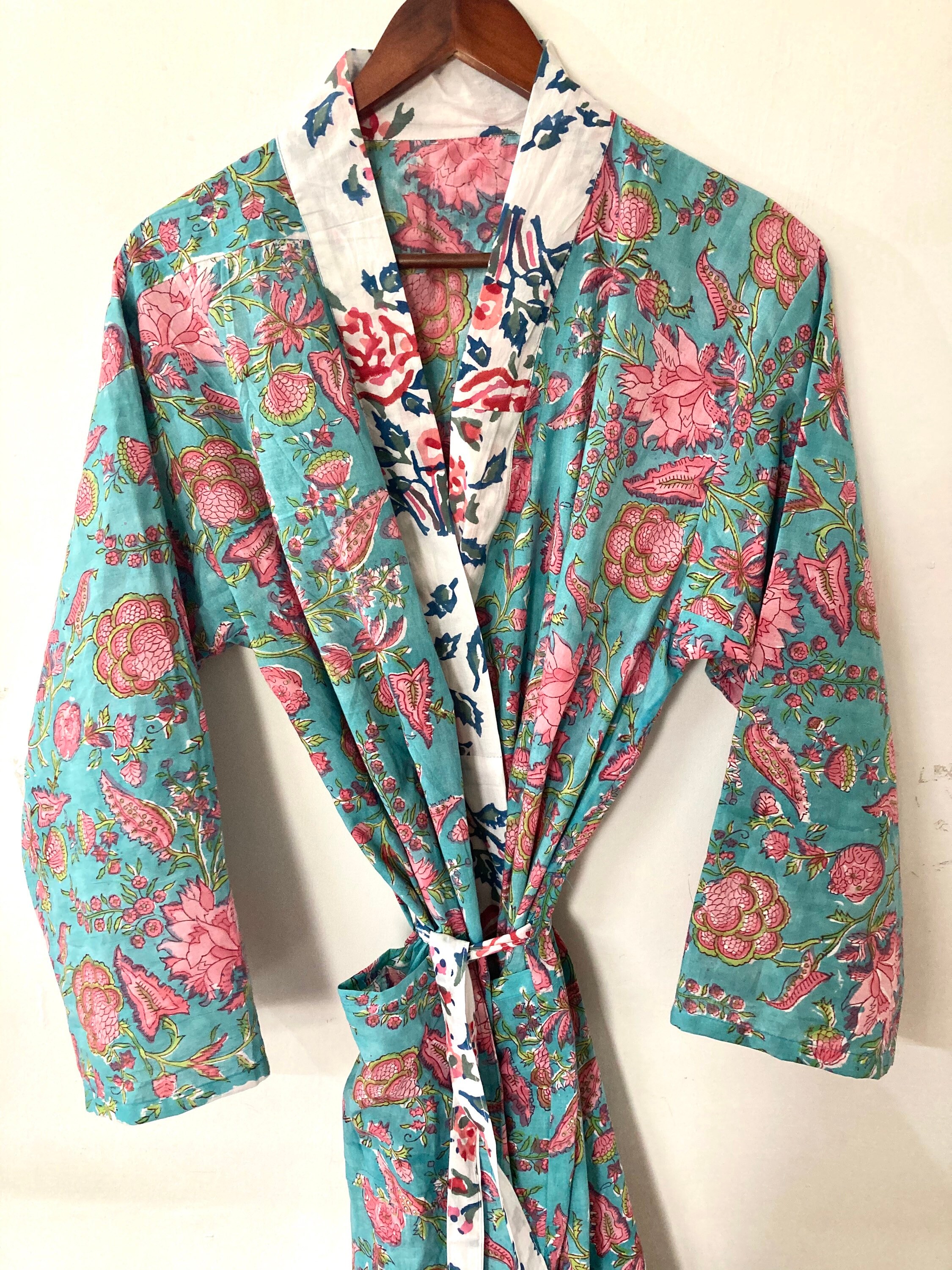 Blue Cotton Block Print Robe Robes for Women Loungewear - Etsy