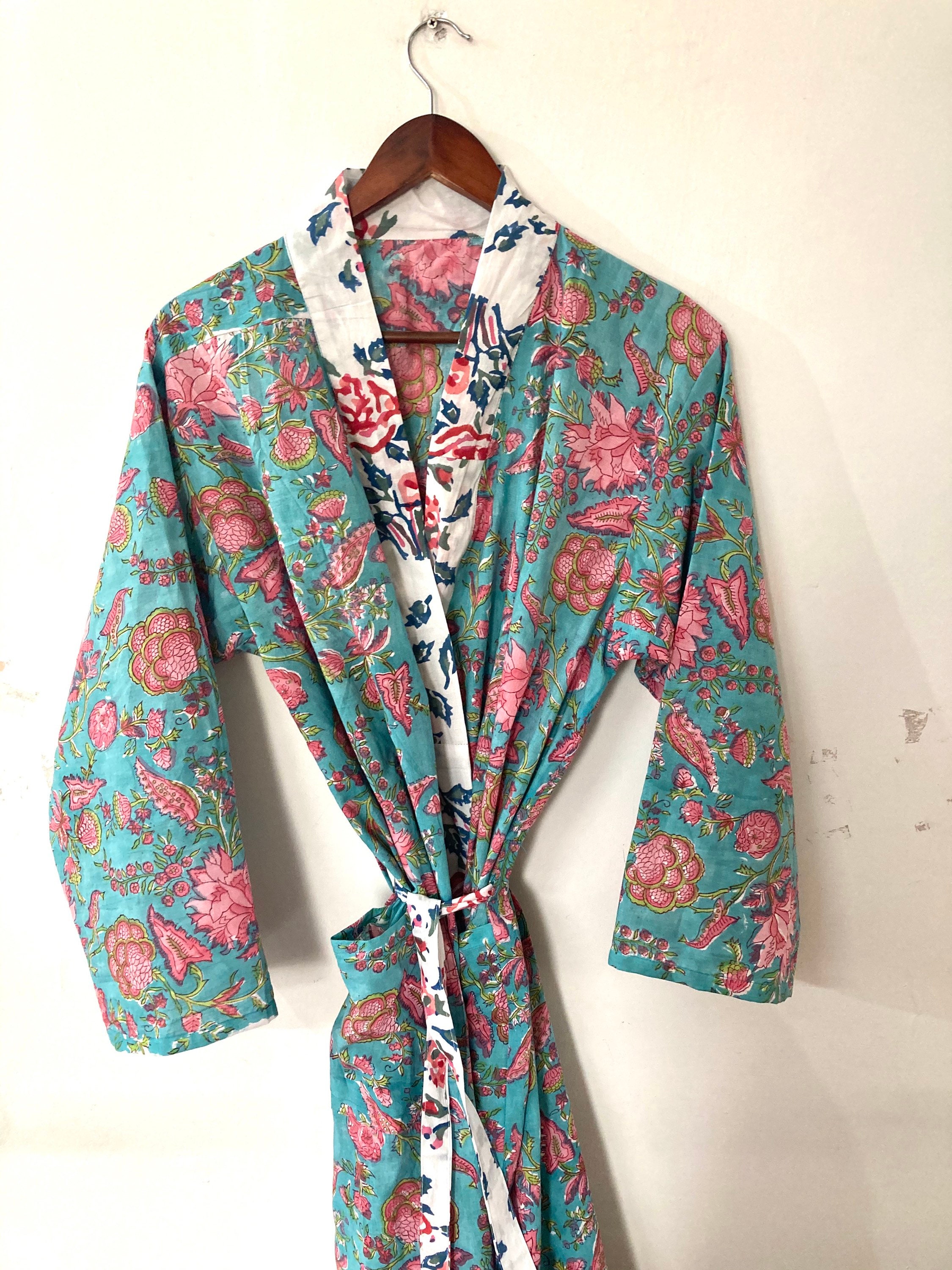 Blue Cotton Block Print Robe Robes for Women Loungewear - Etsy