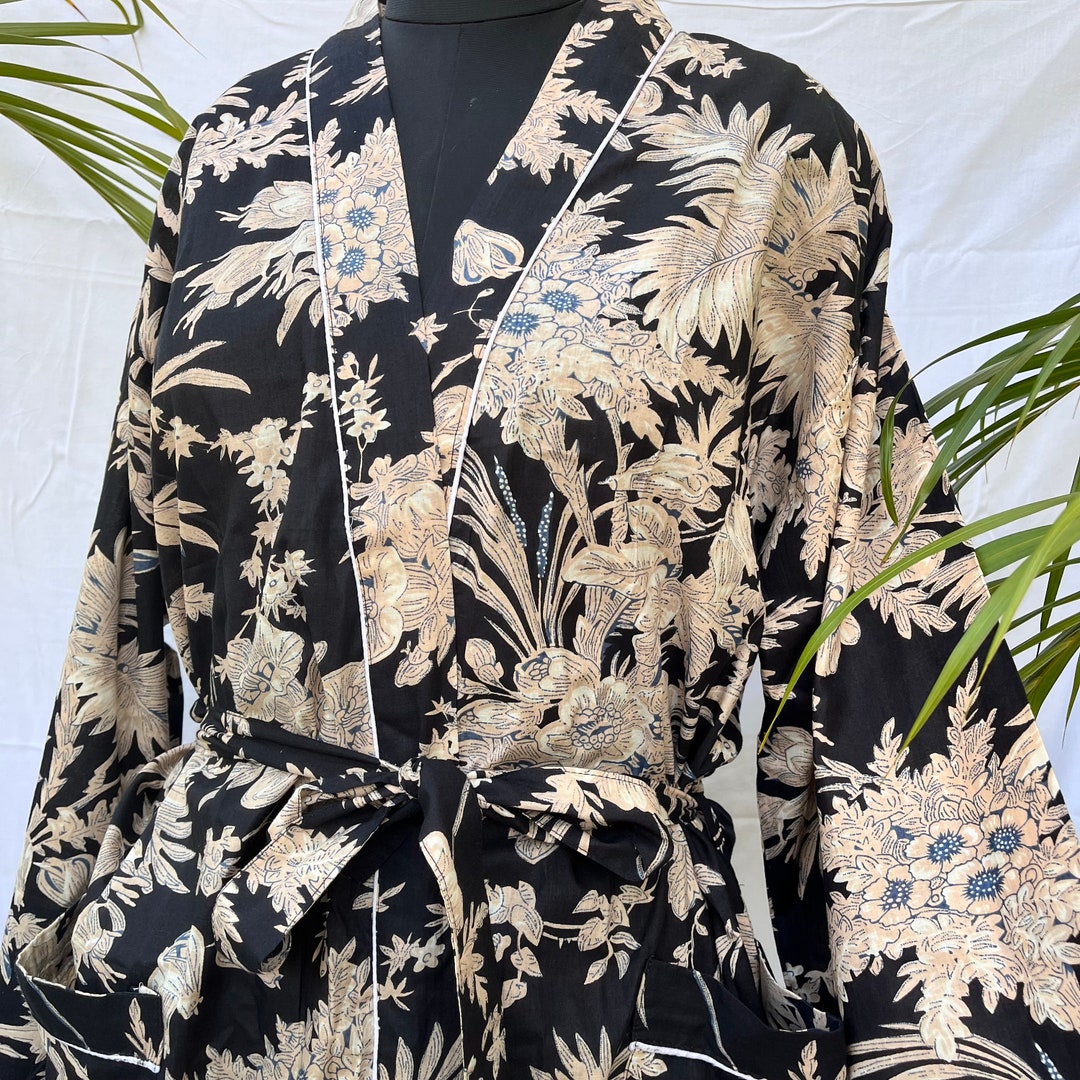 Black Cotton Robe Block Print Cotton Kimono Robe Bridesmaid Robe Robe ...