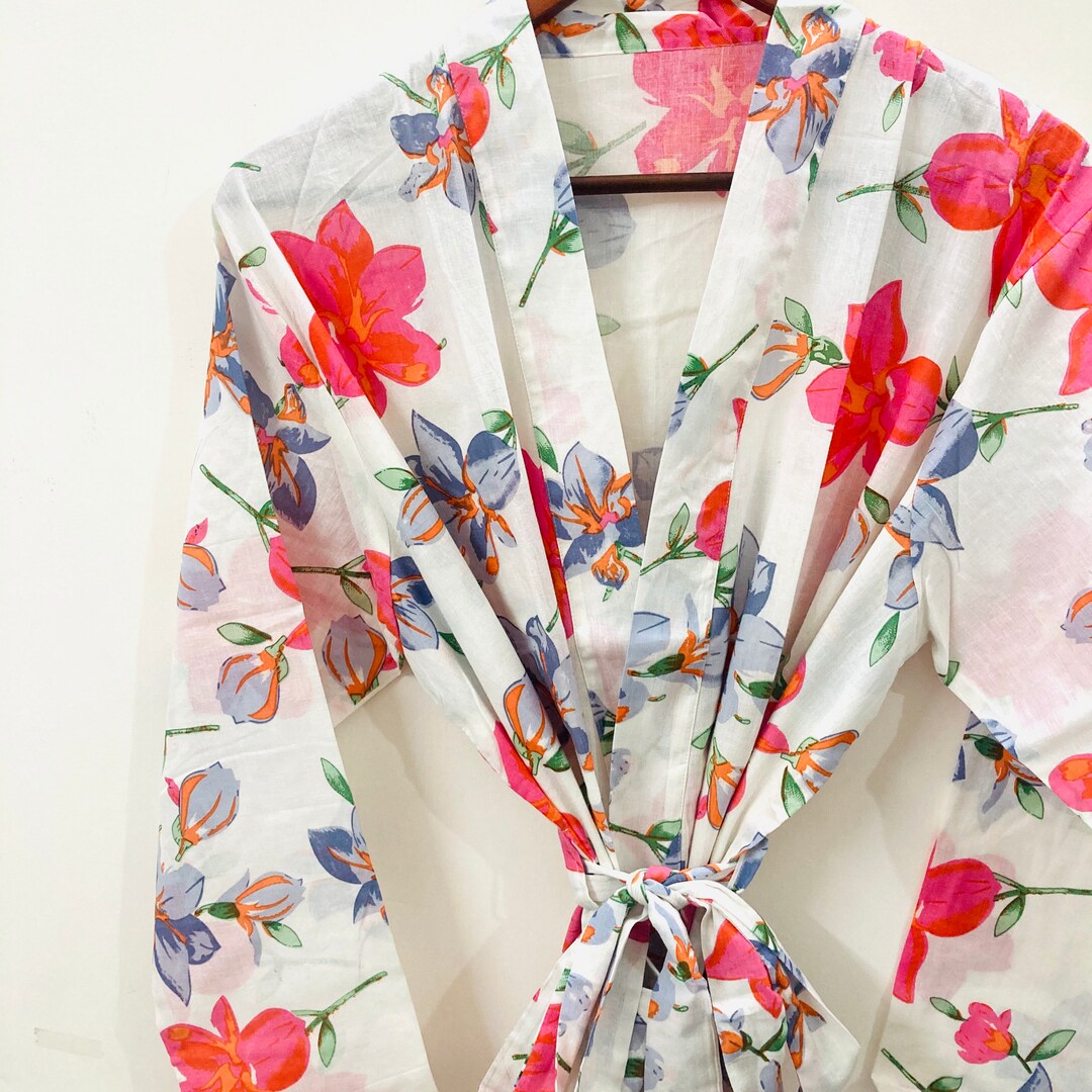 White Red Block Print Cotton Robe Block Print Cotton Kimono Robe Kimono Robe Beach Cover up Boho ...