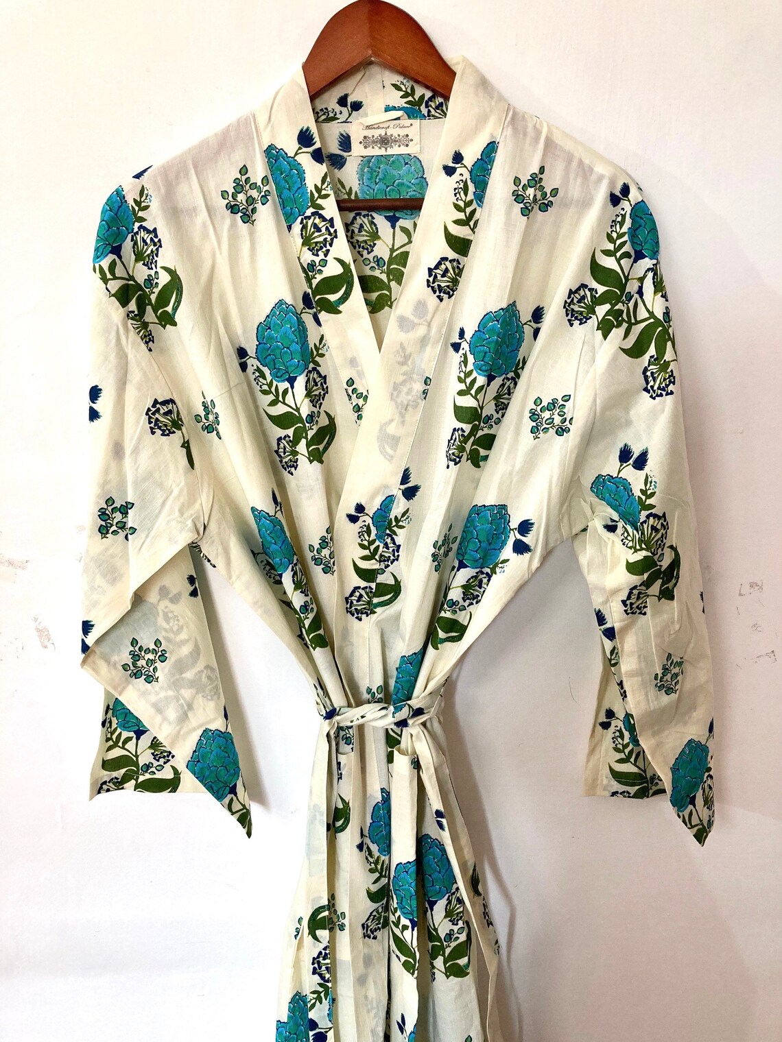 White Blue Cotton Robe Block Print Cotton Robe Cotton - Etsy