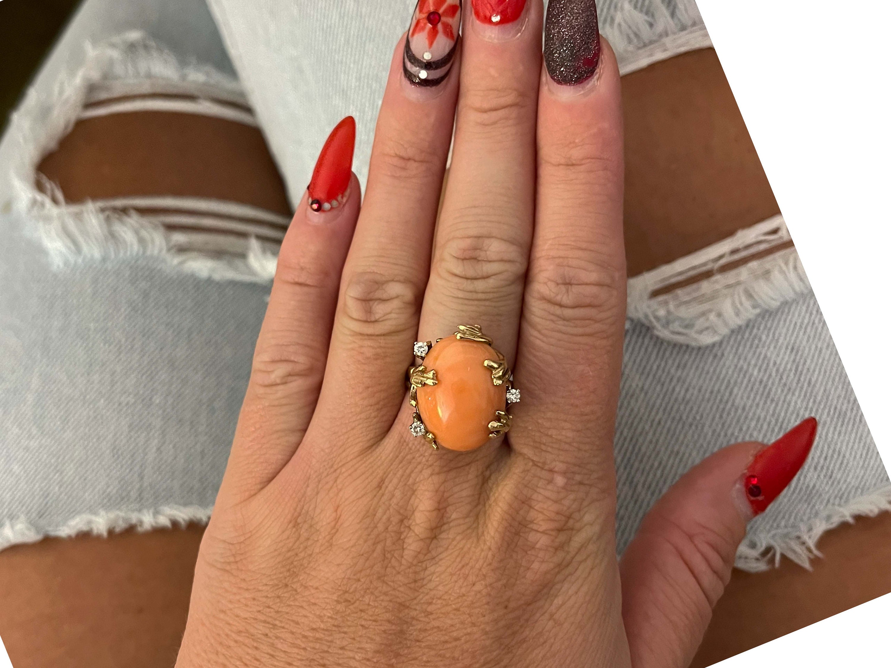 Vintage Mediterranean Coral and Diamond Ring in 14k Yellow Gold - Etsy