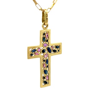 Sapphire Ruby Cross Pendant and Chain Solid 18k Yellow Gold - Etsy