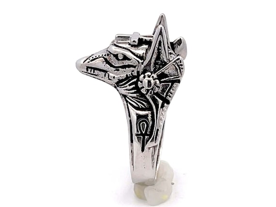 Egyptian God Anubis Ankh Cross Ring in 18k White Gold - Gem