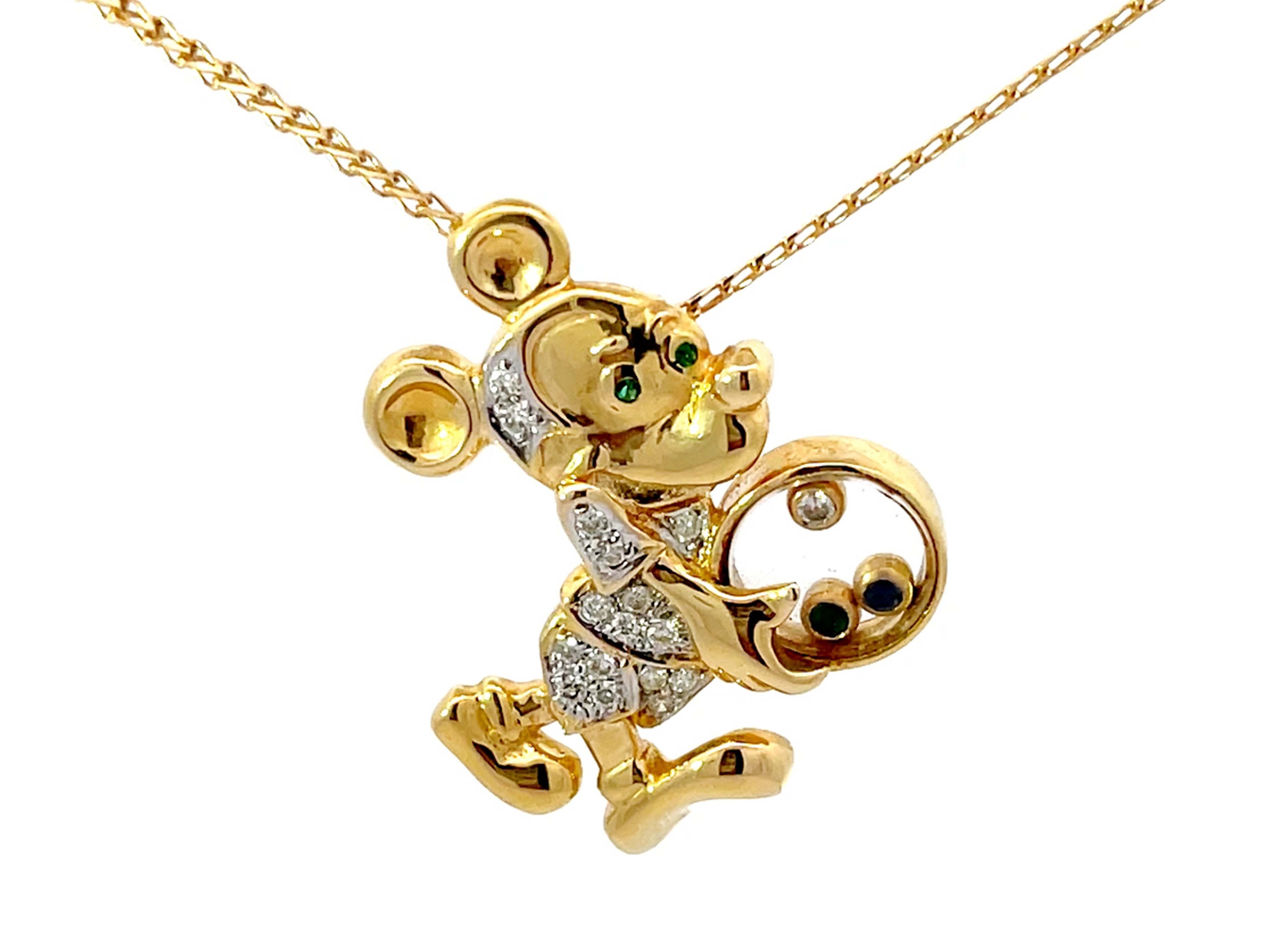 Diamond Emerald Sapphire Mickey Mouse Pendant Necklace Solid 18k Yellow ...