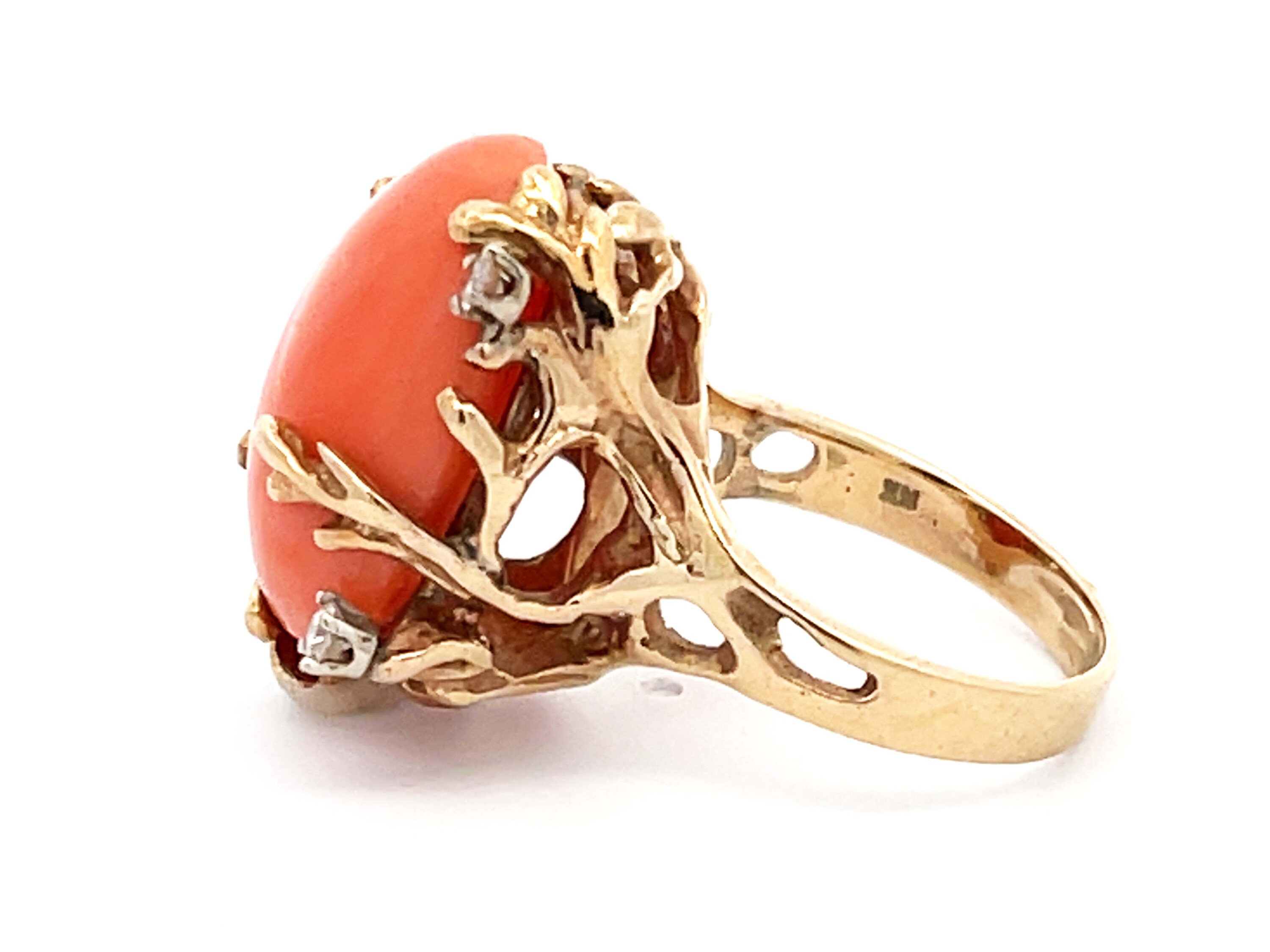 Vintage Mediterranean Coral and Diamond Ring in 14k Yellow Gold - Etsy