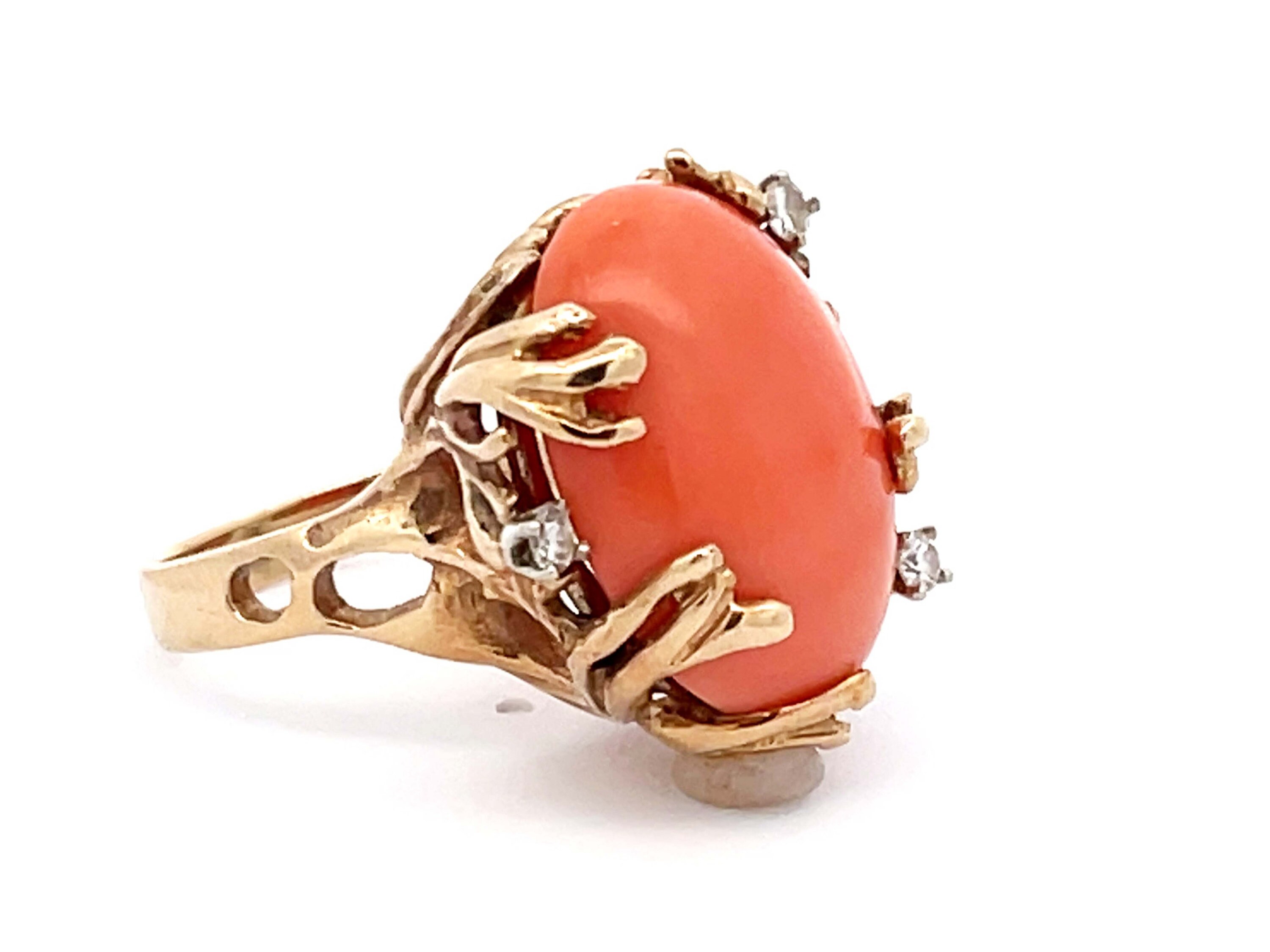 Vintage Mediterranean Coral and Diamond Ring in 14k Yellow Gold - Etsy