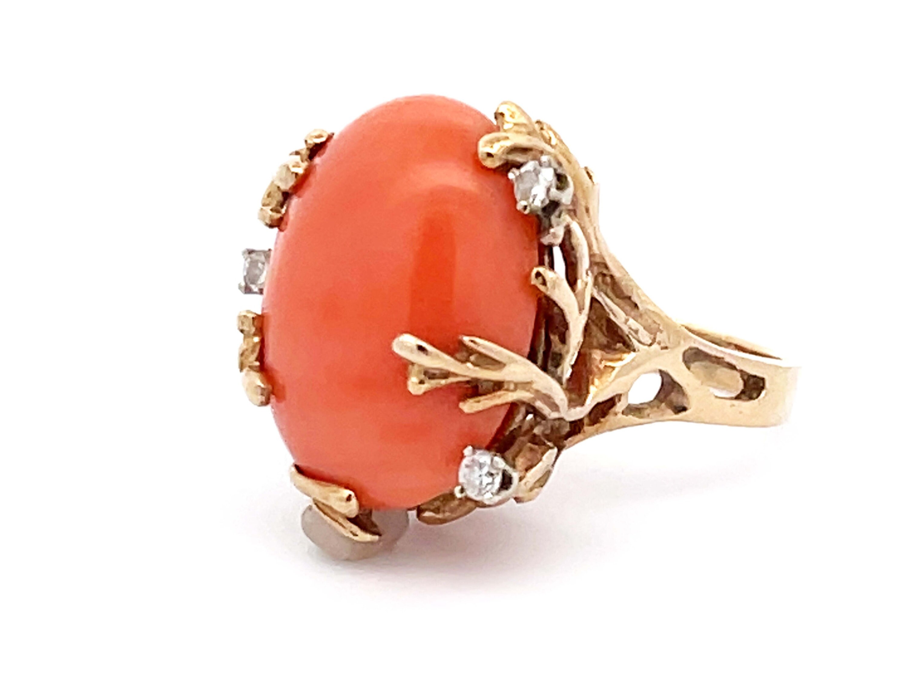 Vintage Mediterranean Coral and Diamond Ring in 14k Yellow Gold - Etsy