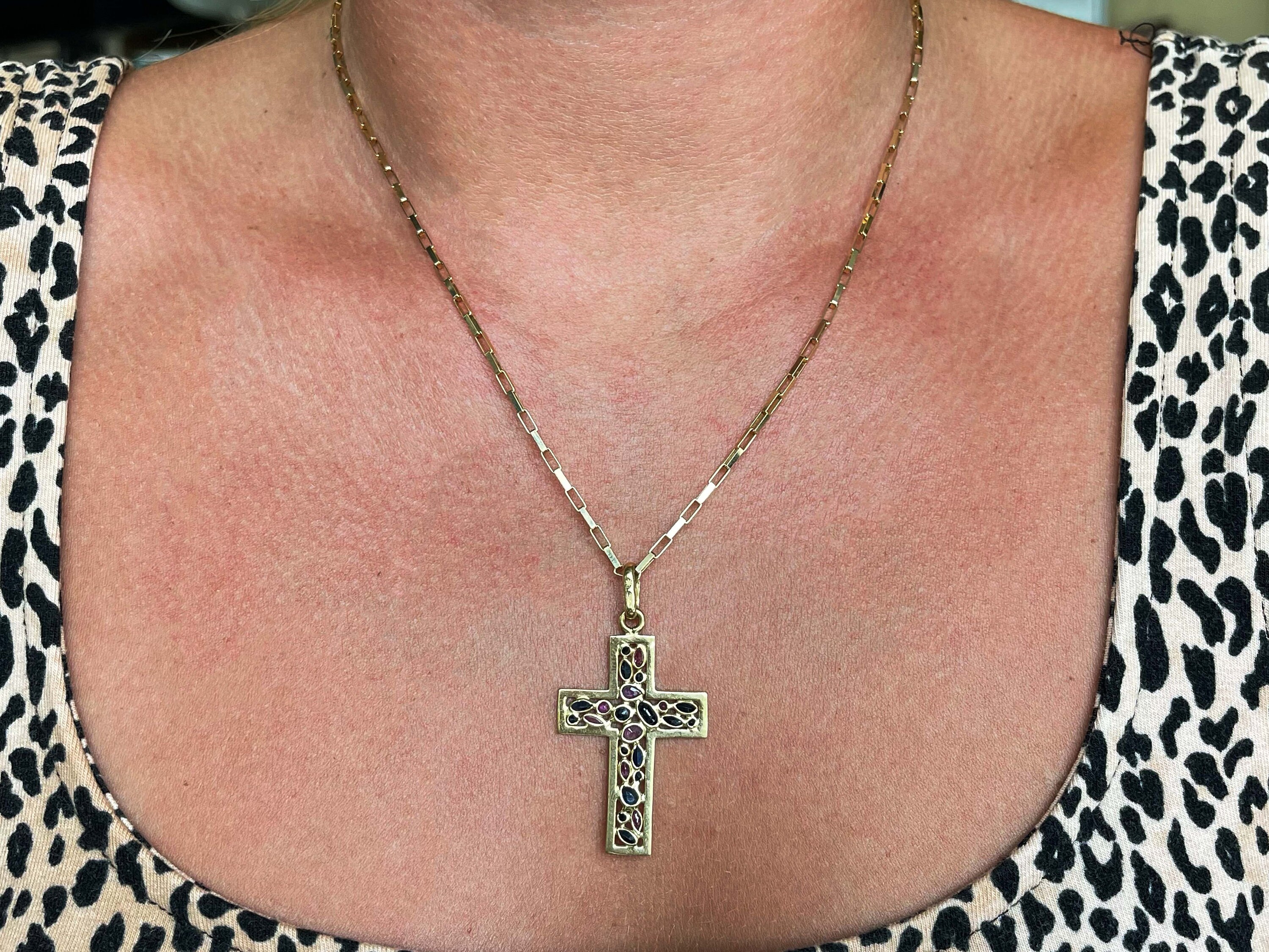 Sapphire Ruby Cross Pendant and Chain Solid 18k Yellow Gold - Etsy