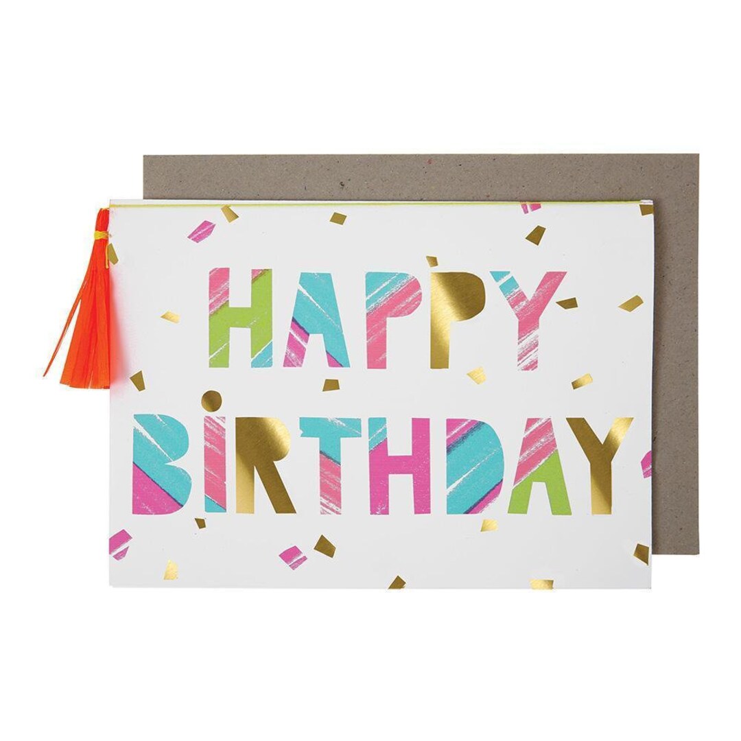 Painterly Happy Birthday Card Message Gold Foil Neon Tassels Decorated ...