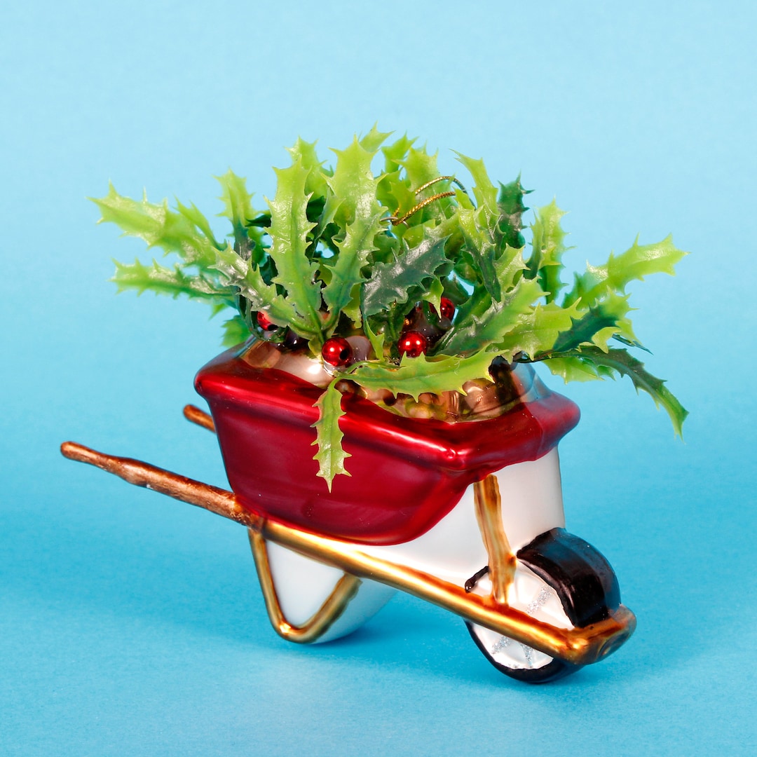 Wheelbarrow With Holly Glass Christmas Tree Hanging Decoration Festive ...