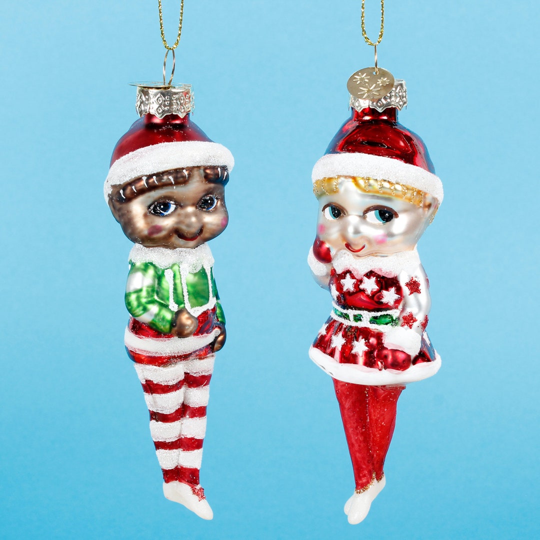 Elves Set of 2 Baubles Glass Christmas Tree Hanging Decoration Festive ...