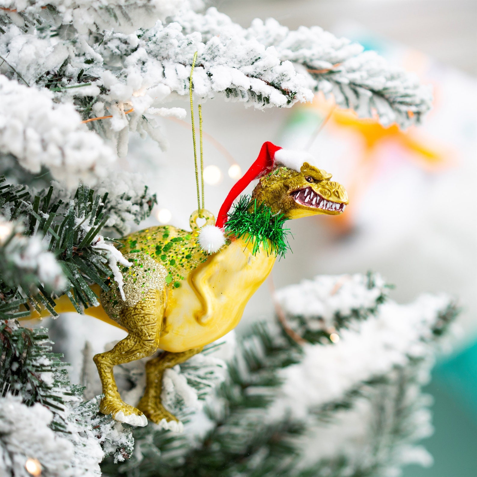 Glitter Dino Santasaurus Shaped Novelty Bauble Hanging Decoration ...