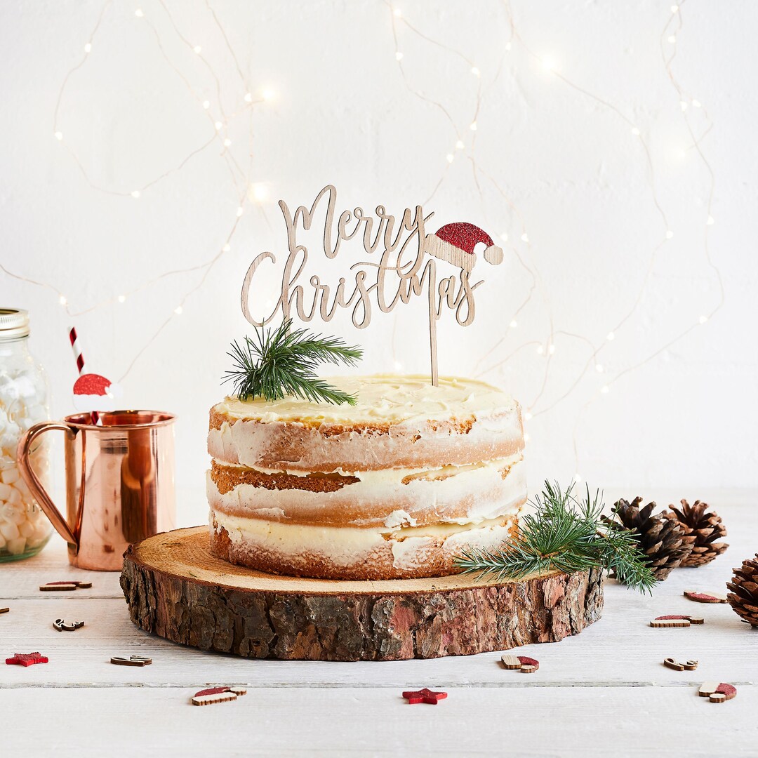 Wooden 'merry Christmas' Cake Topper With Red Glitter Santa Hat ...
