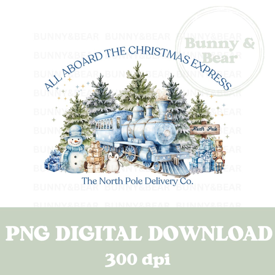 Blue Christmas Express Train PNG, North Pole Delivery Co, Santa Sack ...