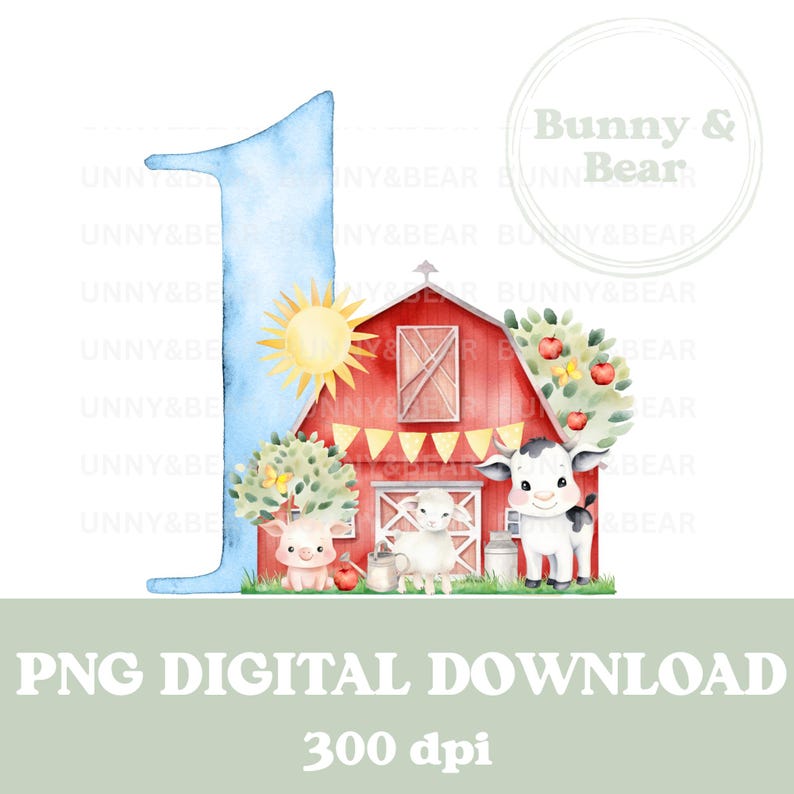 Red Barn & Farm Animals Number 1 PNG, Birthday Tee Sublimation Design ...