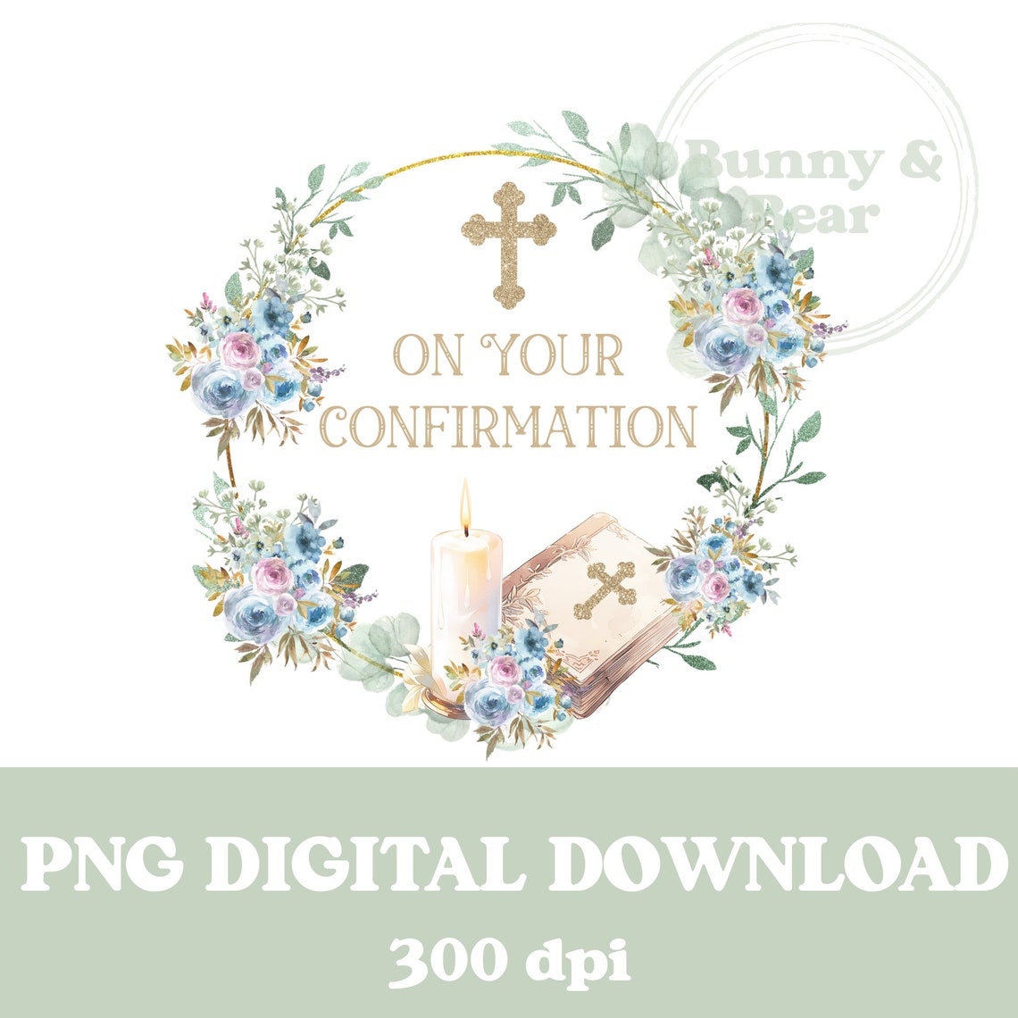 Blue Roses Confirmation Wreath PNG, Confirmation Sublimation Design, Praying, Confirmation Card ...