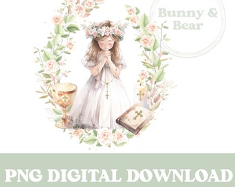 First Holy Communion Praying Girl Wreath PNG, Communion Sublimation Design, Praying Girl ...