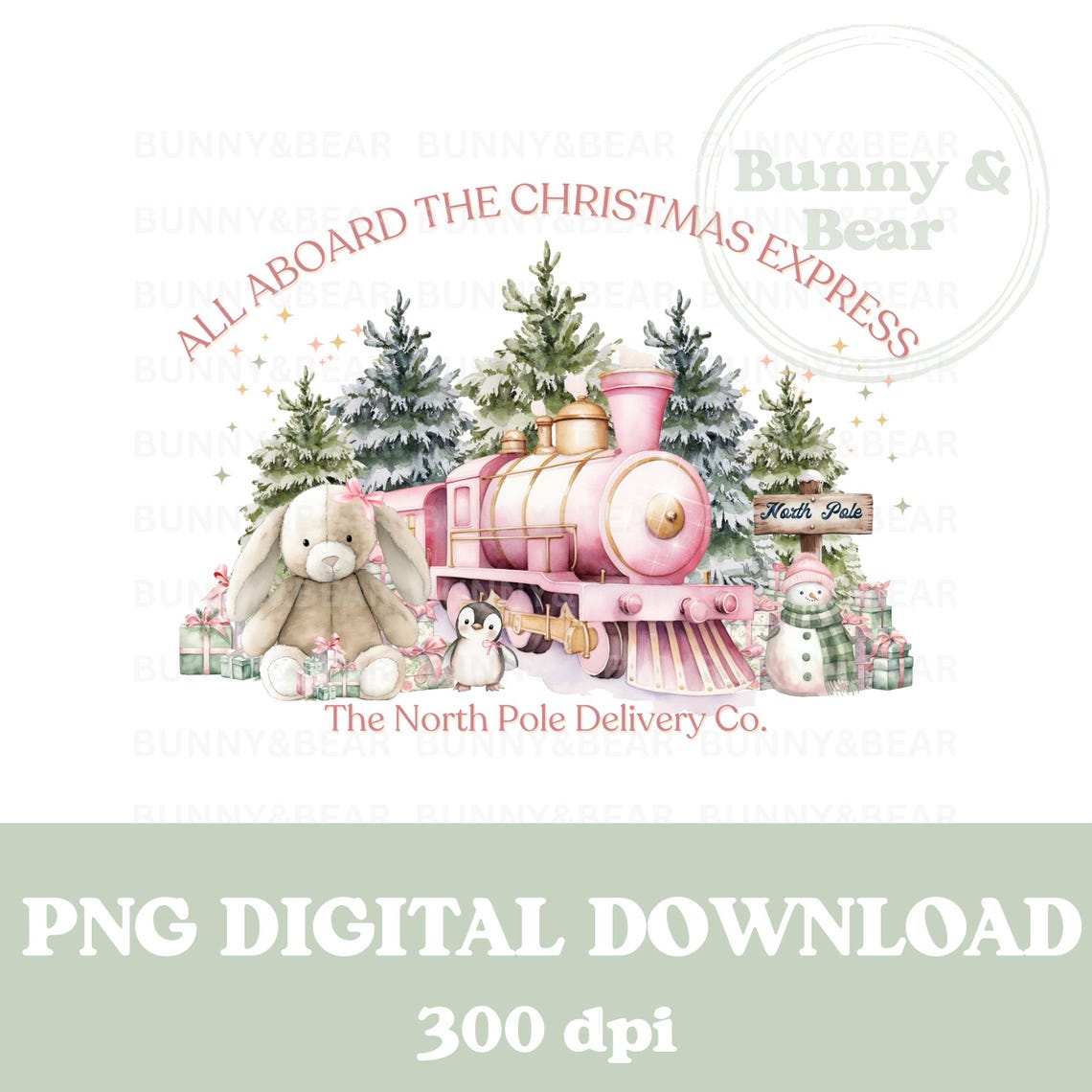 Pink Bunny Christmas Express Train PNG, North Pole Delivery Co, Santa ...