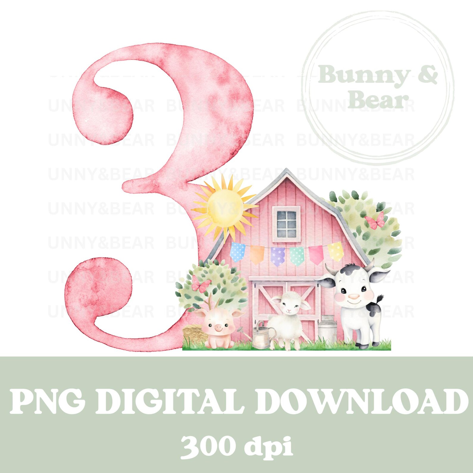 Pink Barn & Farm Animals Number 3 PNG, Birthday Tee Sublimation Design ...