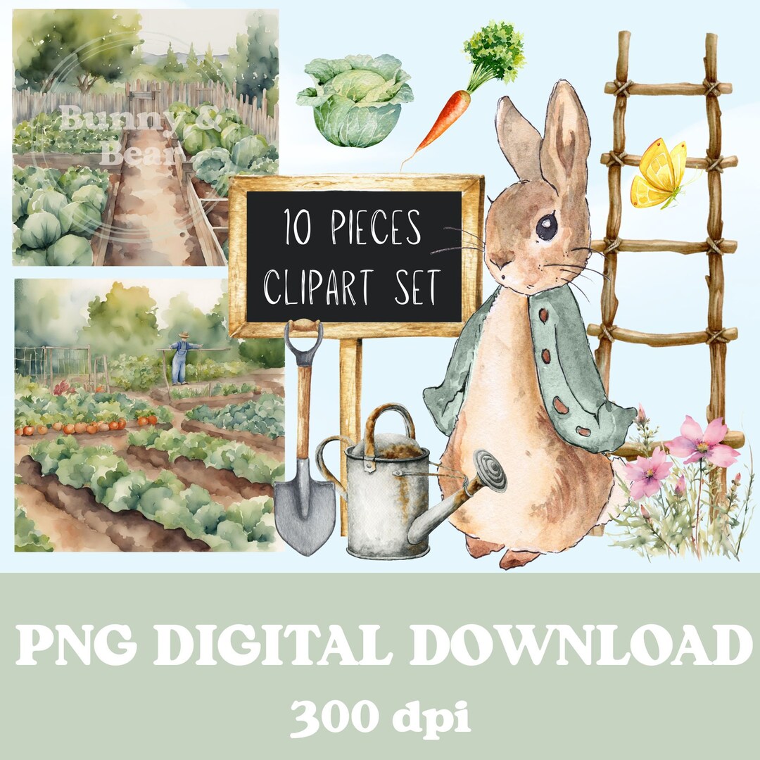 Green Bunny Rabbit Clipart Bundle Set, PNG, Vegetable Patch Garden ...