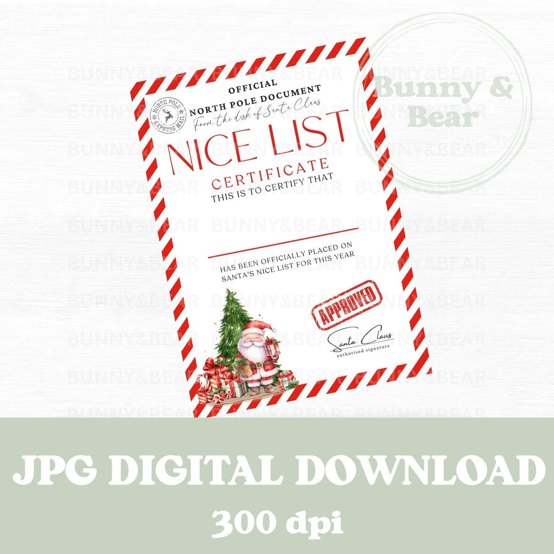 Santa Nice List Certificate Printable, JPG, Father Christmas Design, A4 ...