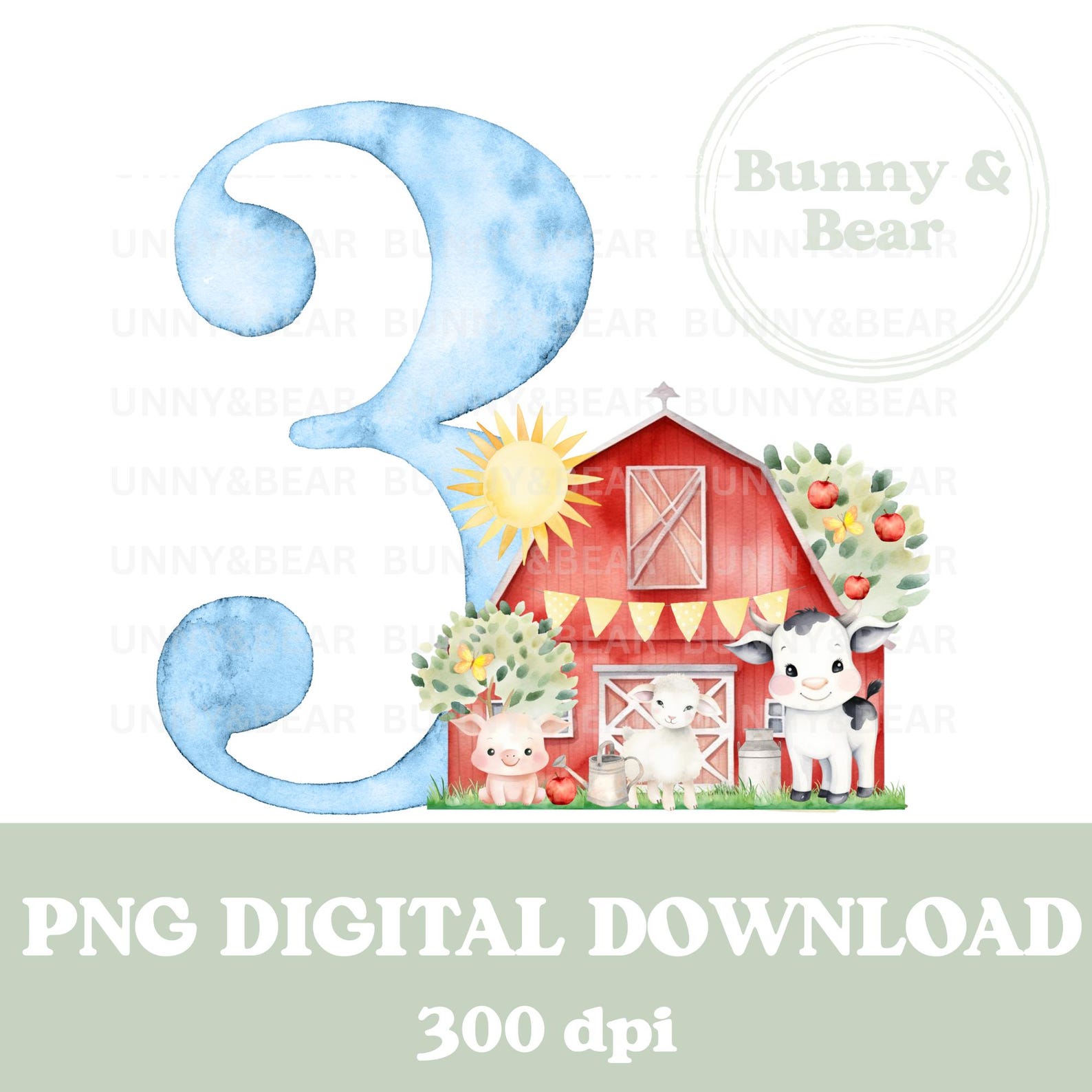 Red Barn & Farm Animals Number 3 PNG, Birthday Tee Sublimation Design ...