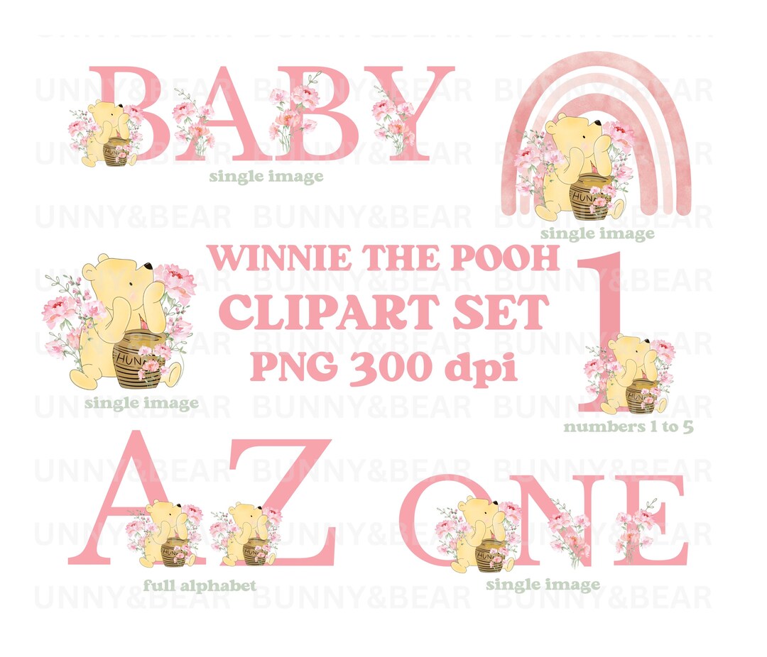 Classic Winnie the Pooh Clipart Bundle Set, PNG, Pink Floral Pooh Bear ...