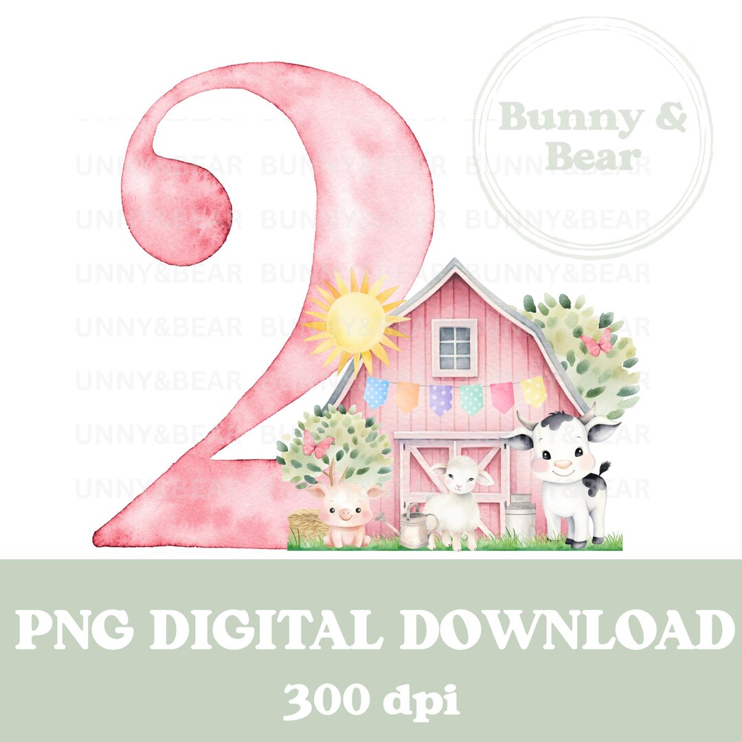 Pink Barn & Farm Animals Number 2 PNG, Birthday Tee Sublimation Design ...