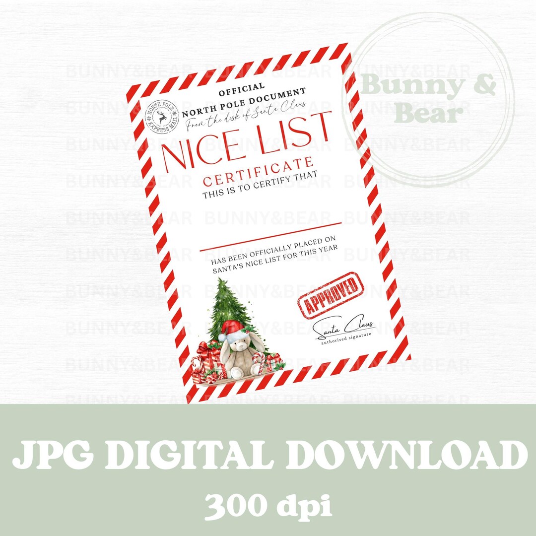 Christmas Bunny Santa Nice List Certificate Printable, JPG, Christmas ...