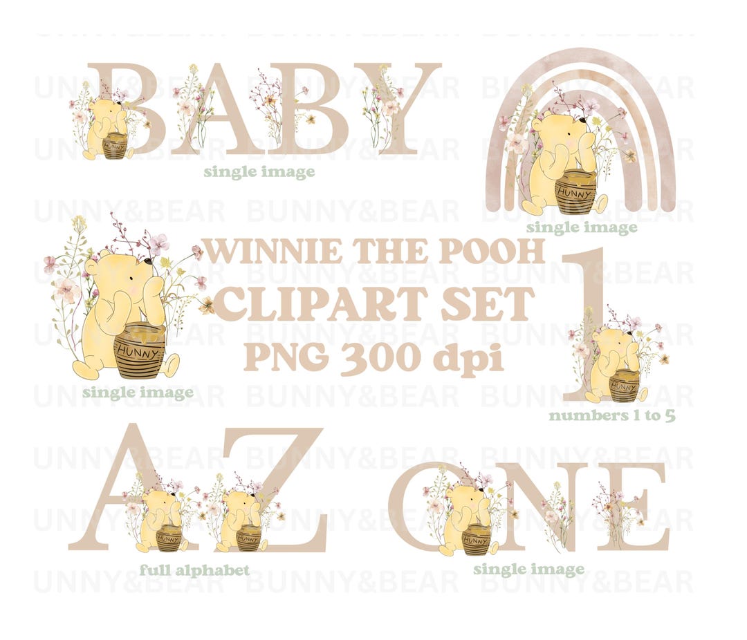 Classic Winnie the Pooh Clipart Bundle Set, PNG, Wildflower Pooh Bear ...