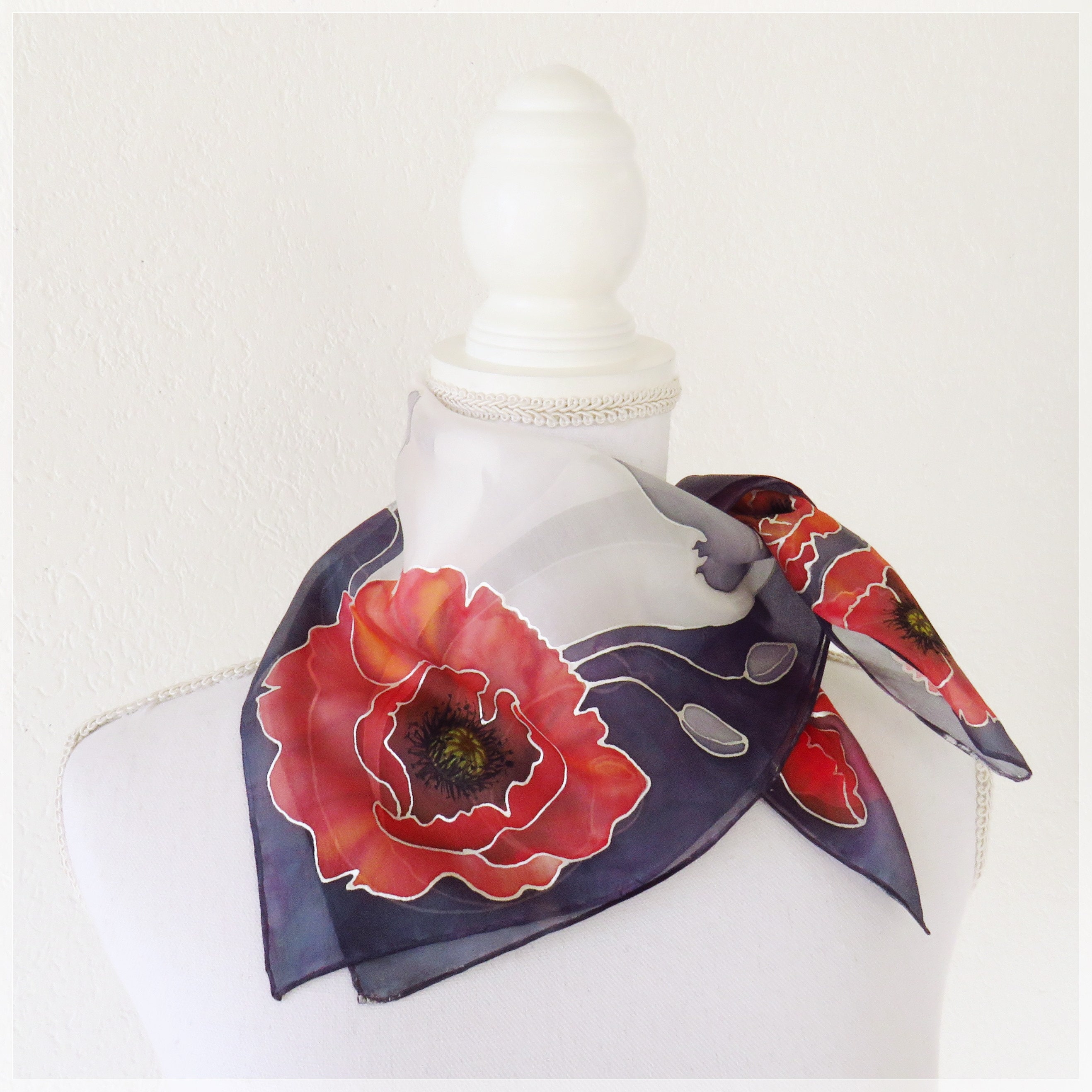 Square Silk Scarf With Red Poppies, Red Floral Scarf - Etsy