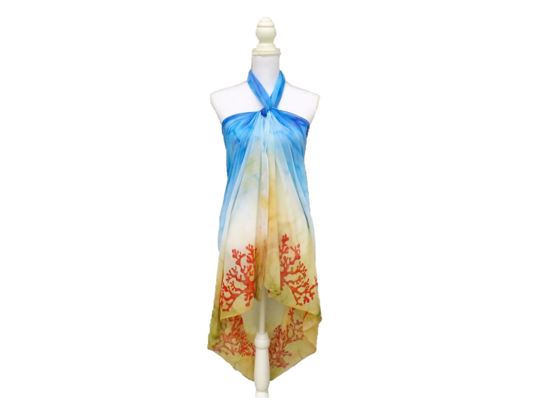 Sarong de plage bleu peint à la main, paréo avec coraux et fonds marins ...