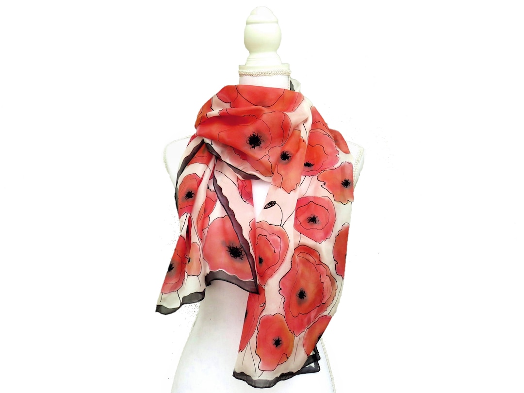 Hand Painted Red Poppy Silk Scarf - Etsy